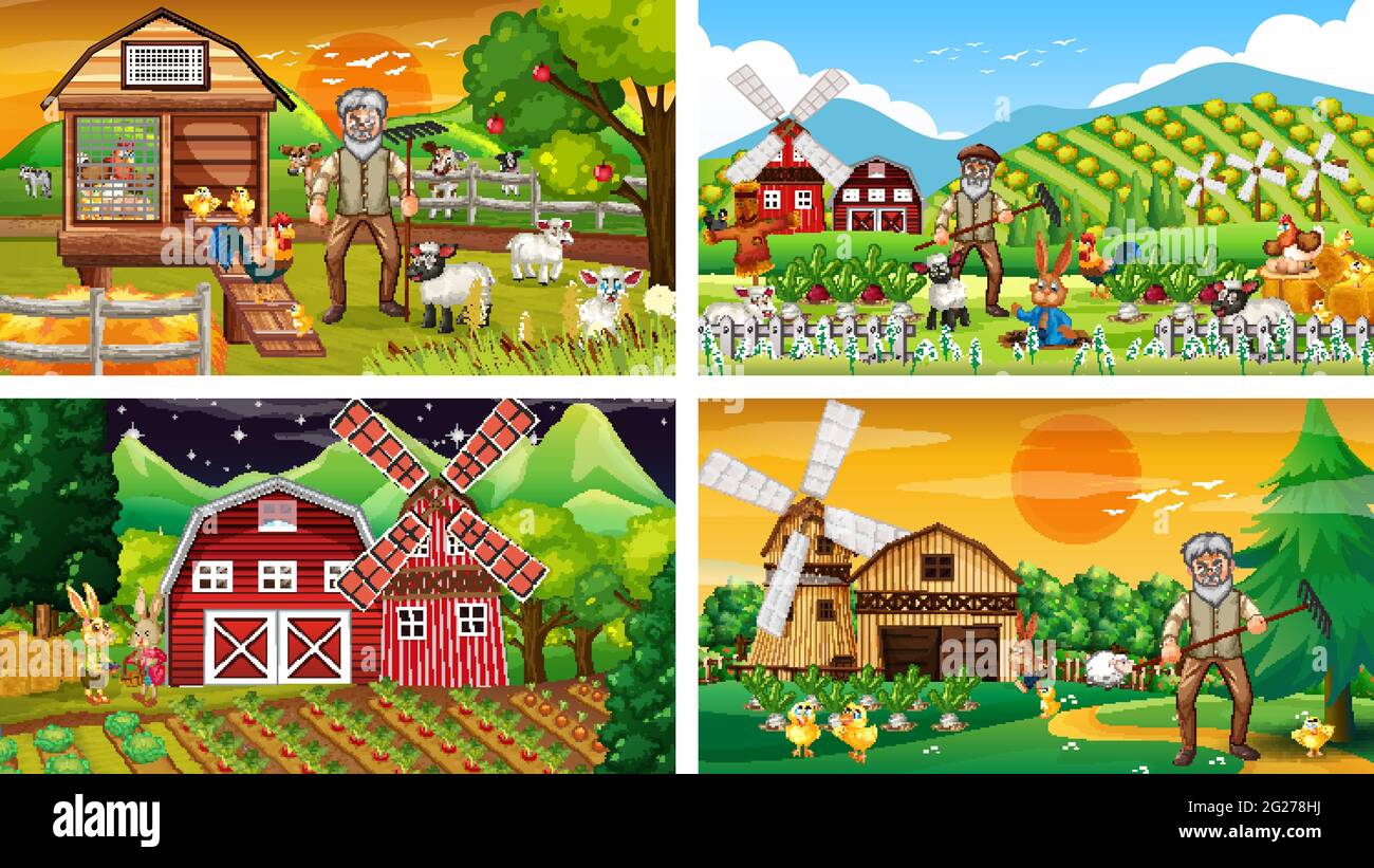 Different farm scenes with old farmer and animal cartoon character ...