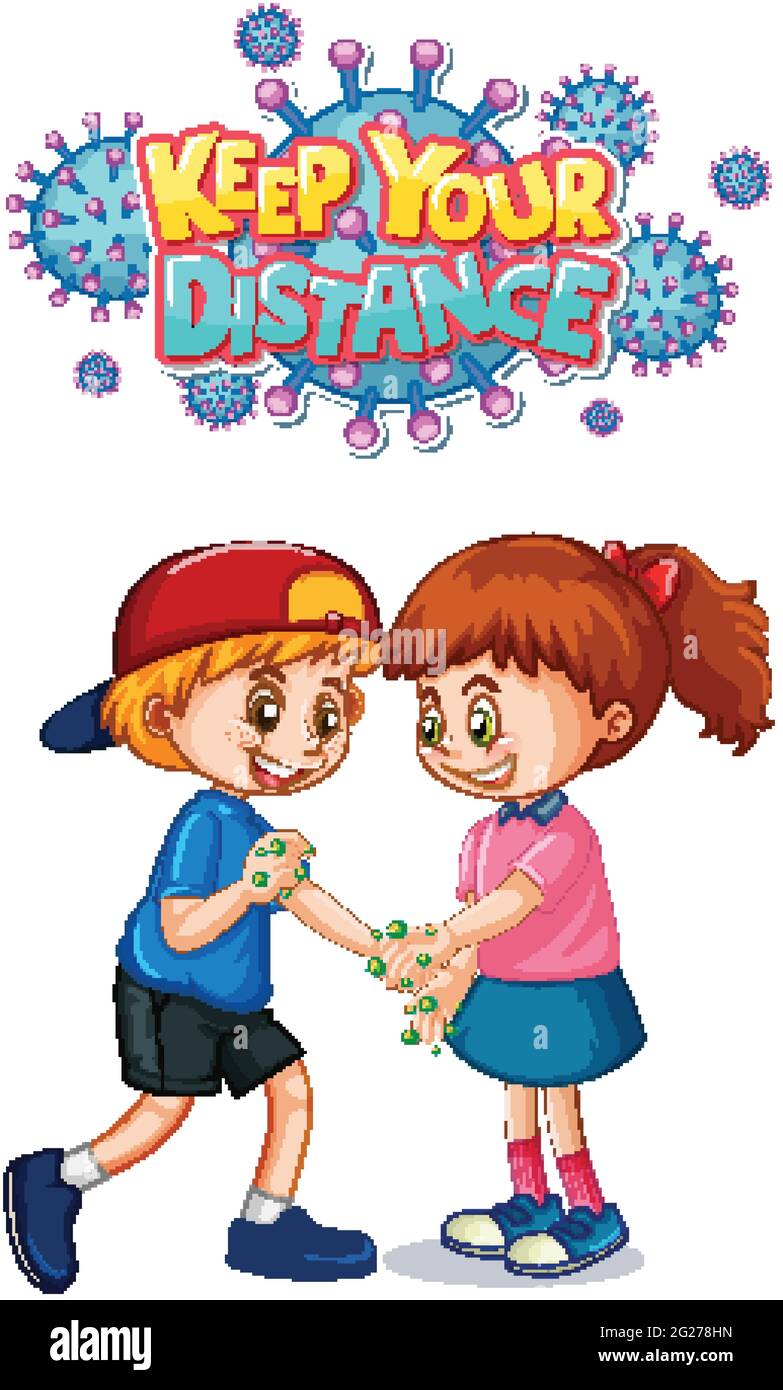 Keep Your Distance font in cartoon style with two kids do not keep ...