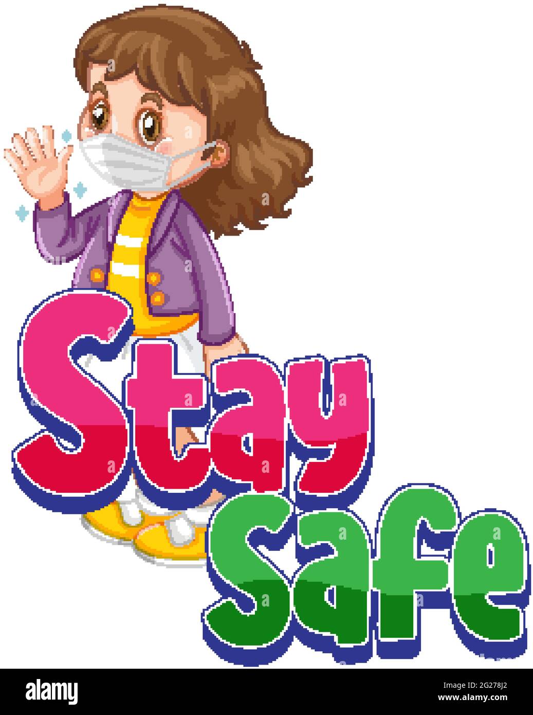 Stay Safe font with a girl wearing mask isolated illustration Stock ...