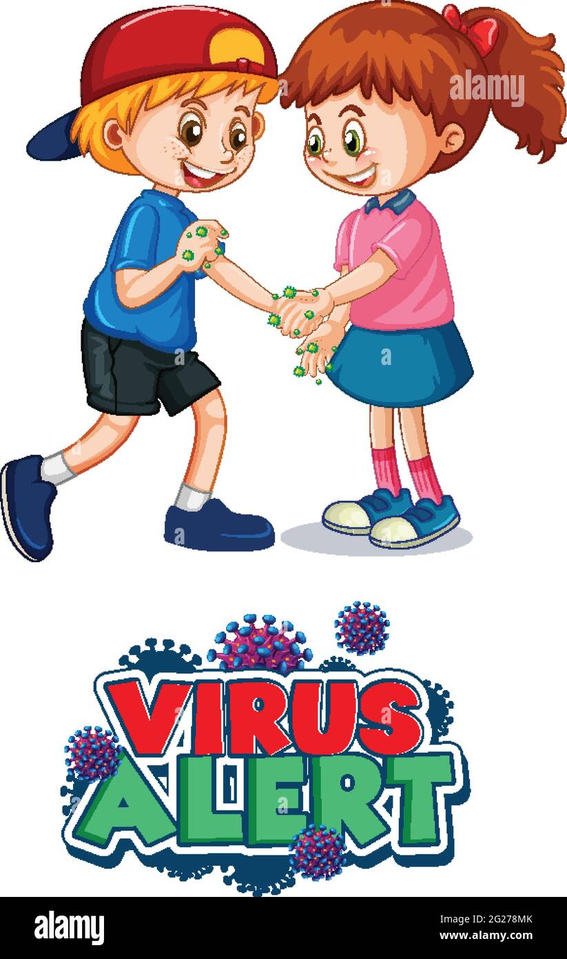 Virus Alert font in cartoon style with two kids do not keep social ...