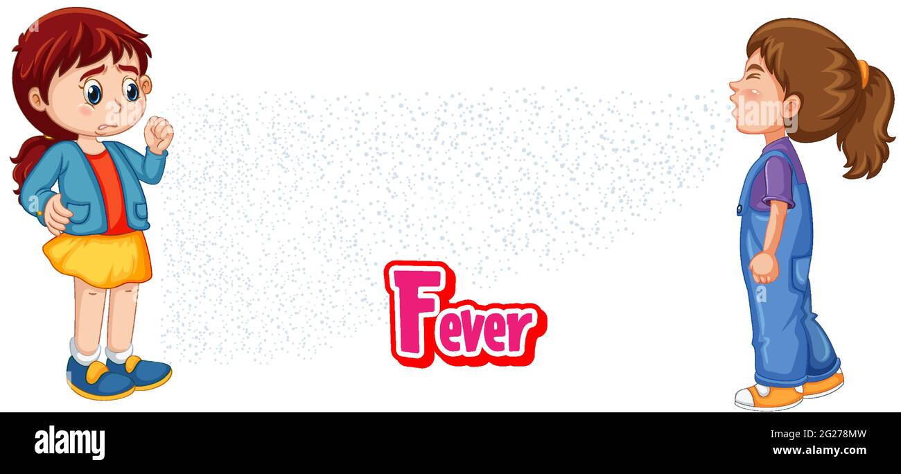 Fever font in cartoon style with a girl look at her friend sneezing ...