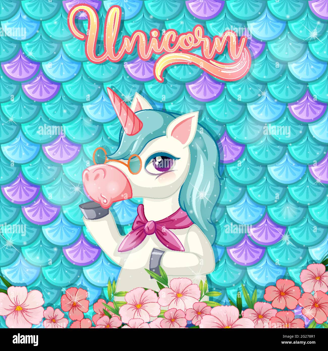 Cute unicorn on rainbow fish scales background illustration Stock ...