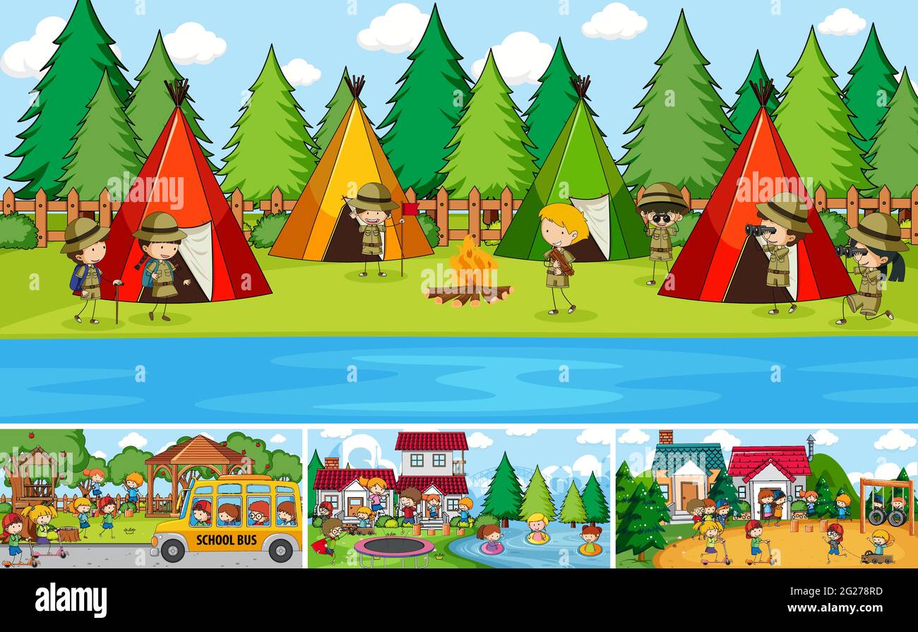 Set of different outdoor scenes with many kids doodle cartoon character ...
