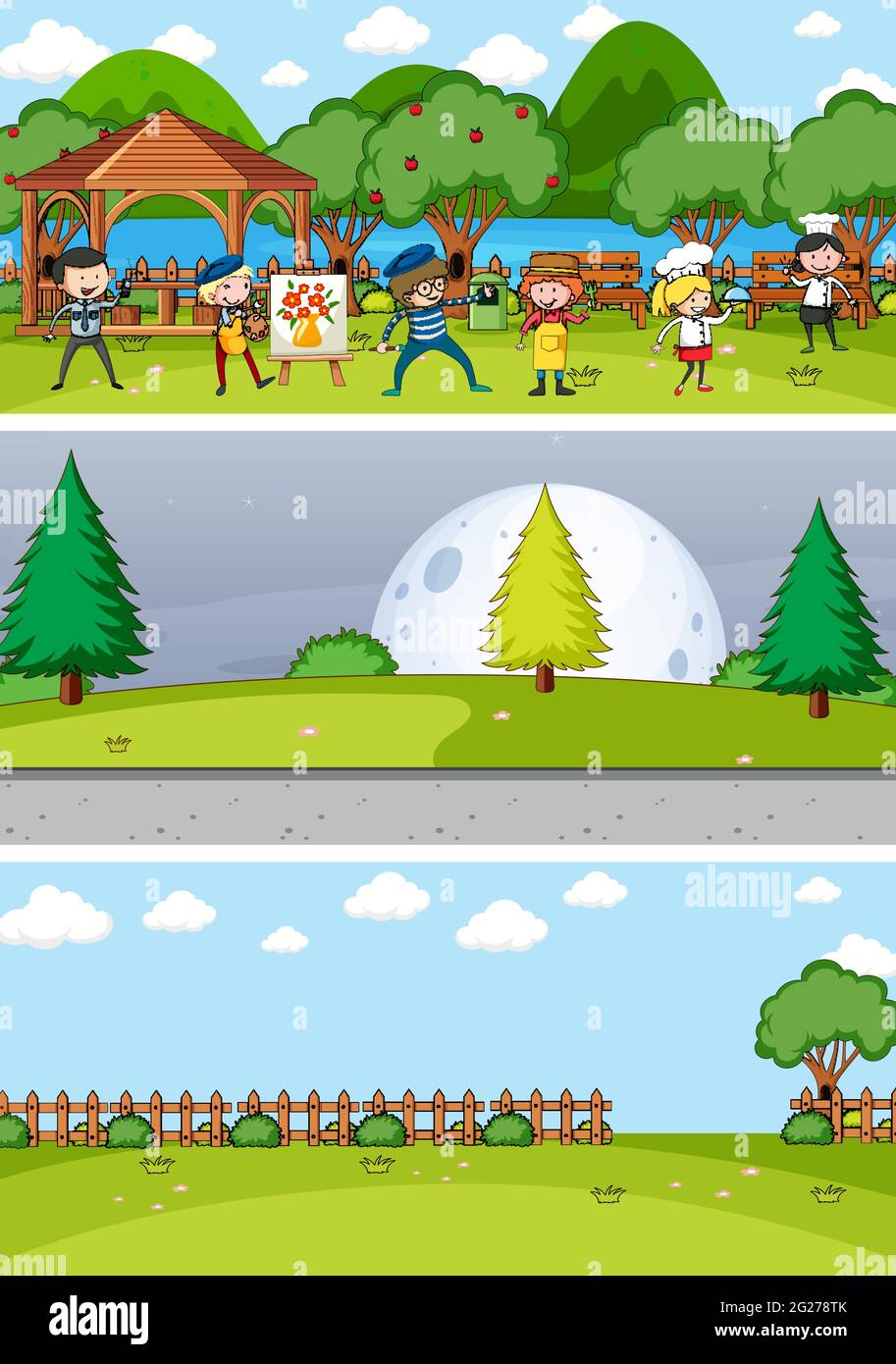 Set of different horizontal scenes background with doodle kids cartoon ...