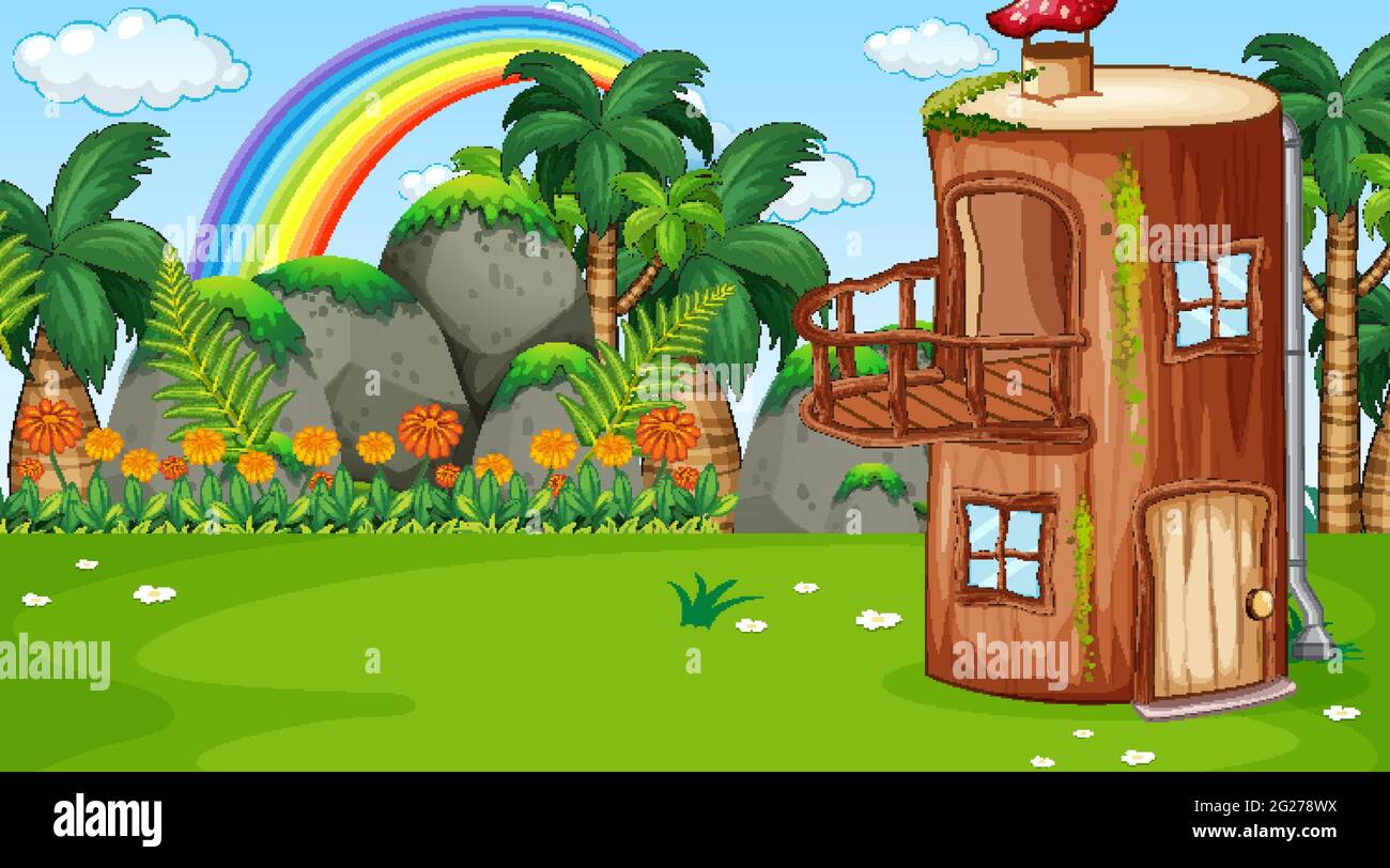 Nature landscape scene background with fantasy log house illustration ...
