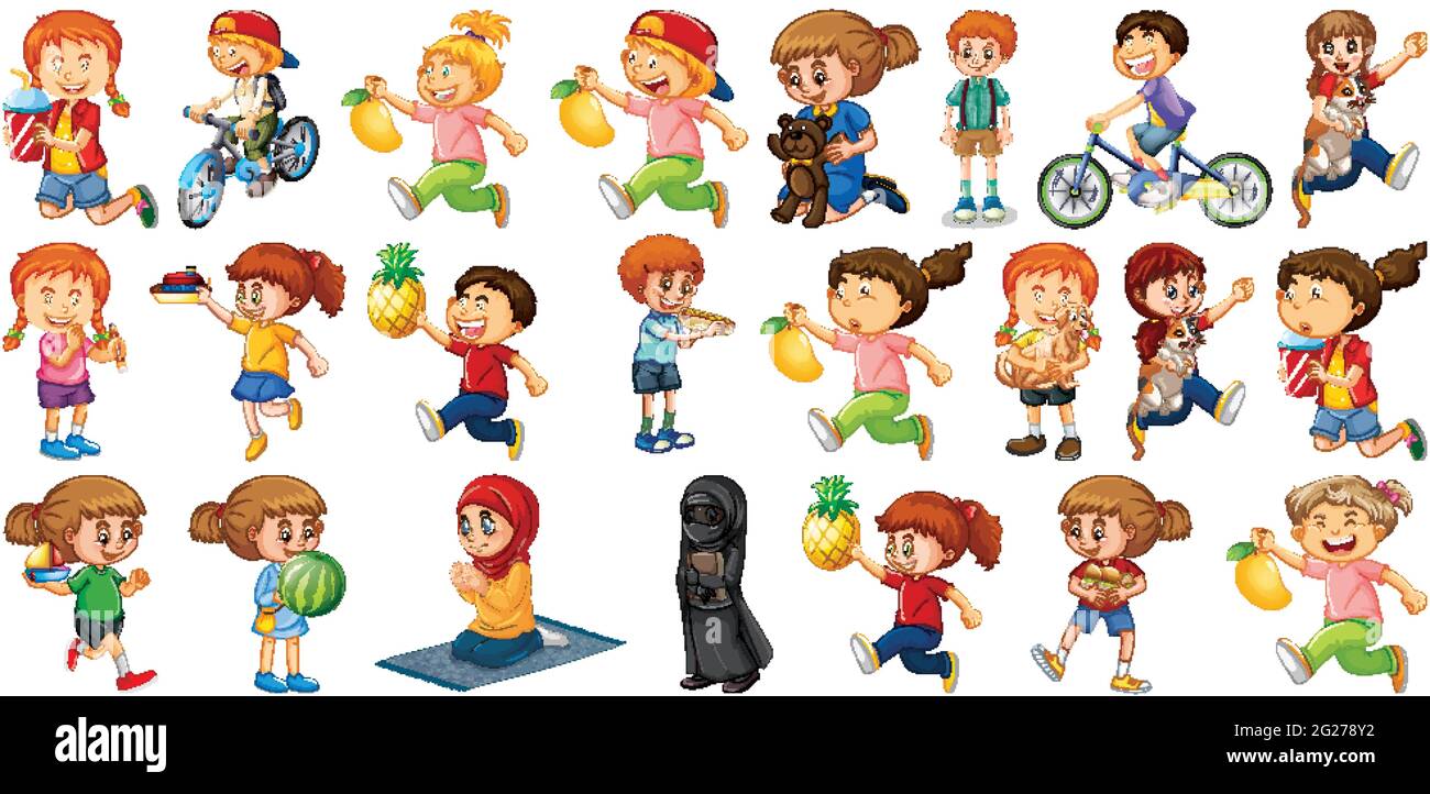 Children doing different activities cartoon character set on white ...