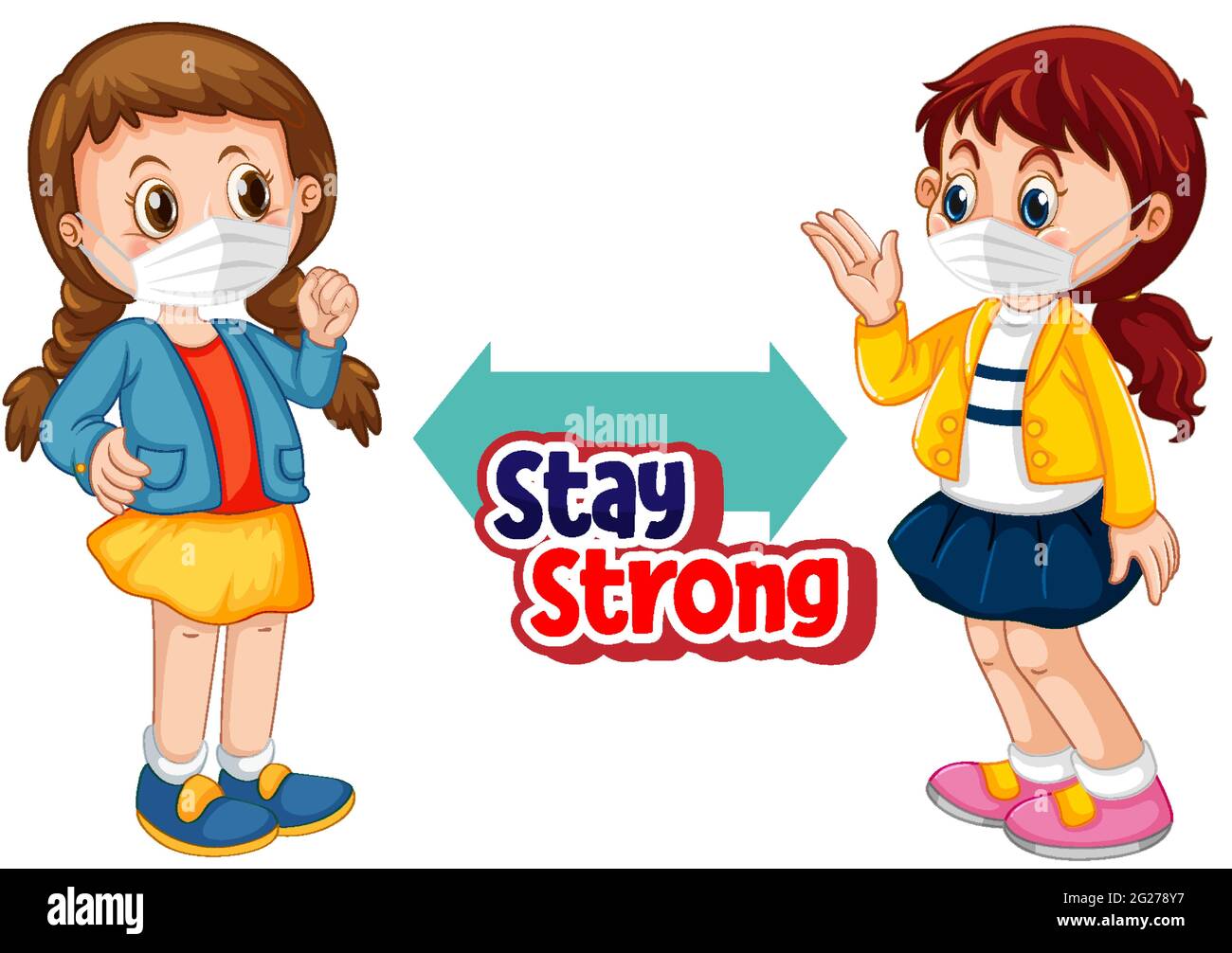 Stay Strong font in cartoon style with two kids keeping social distance ...