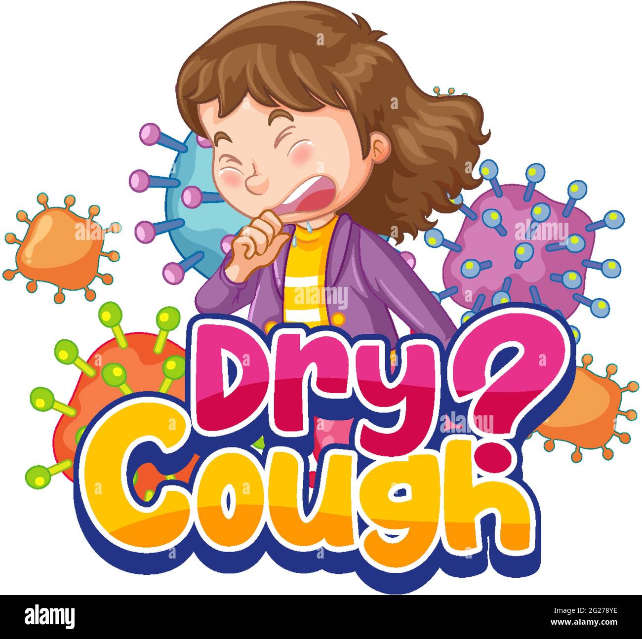 Dry Cough font in cartoon style with a girl feel sick character ...
