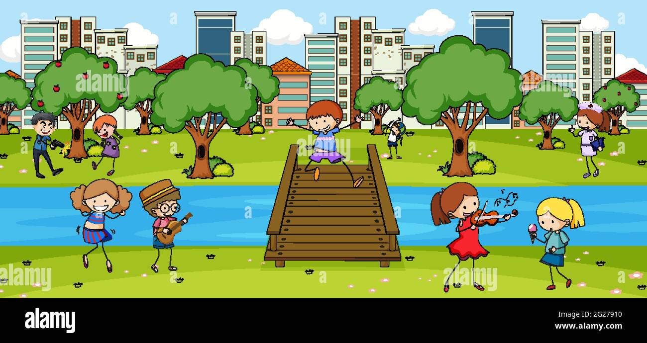 Scene with many kids doodle cartoon character in the park illustration ...