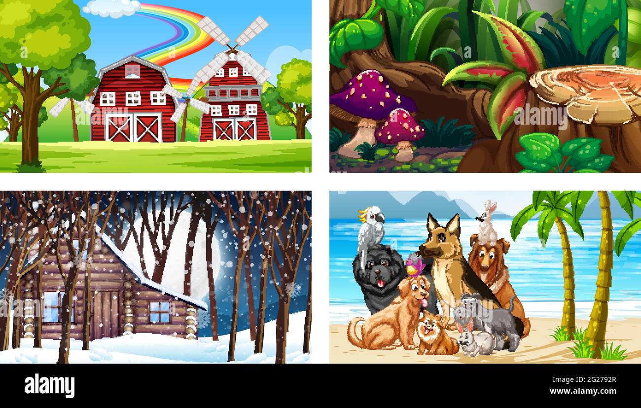 Four different scenes with various animals cartoon character ...