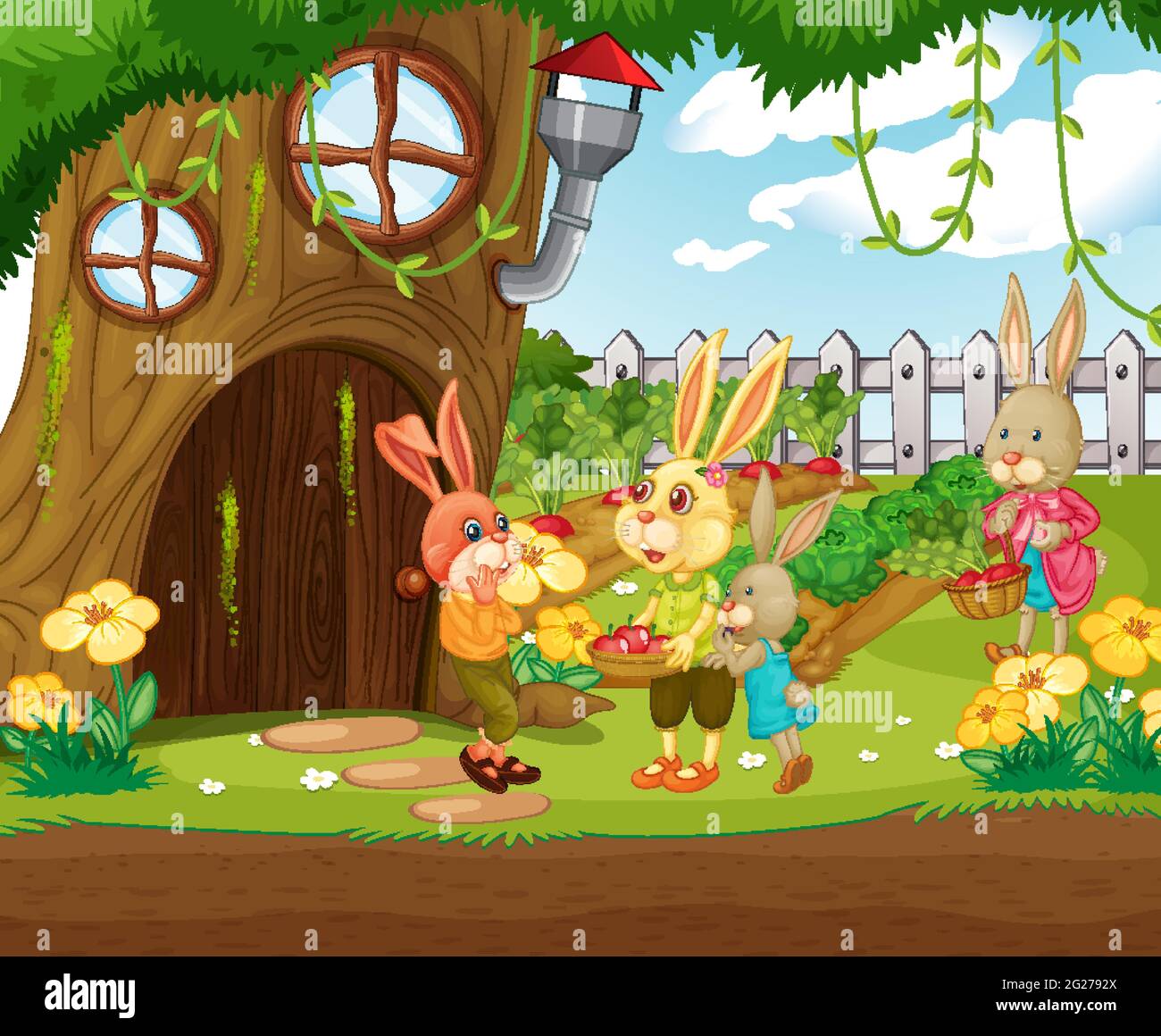 Outdoor scene with happy rabbit family in the garden illustration Stock ...