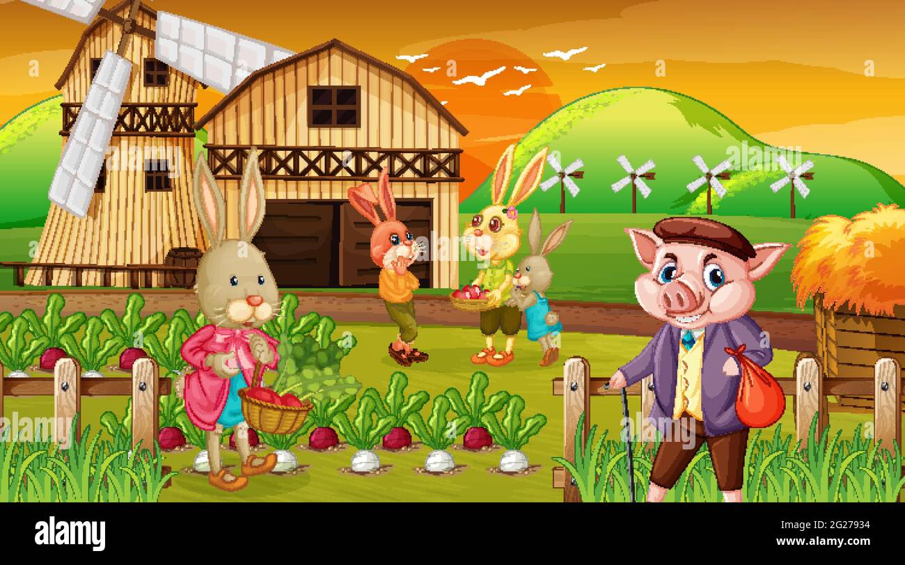 Farm at sunset time scene with rabbit family and a pig cartoon ...