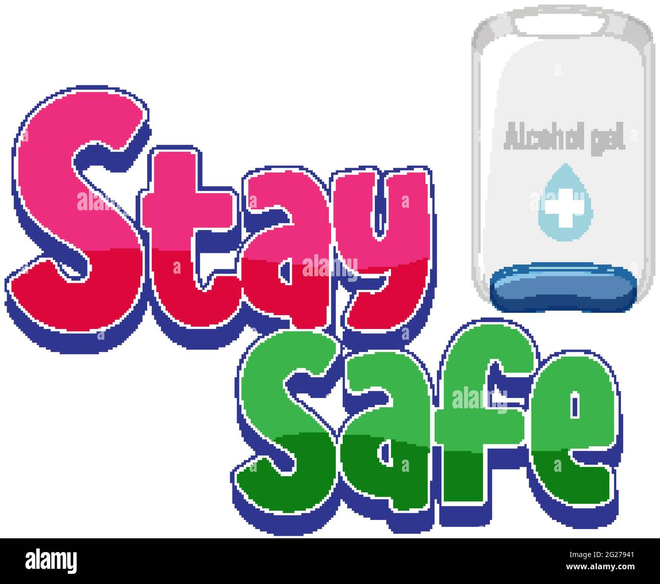 Stay Safe font design with alcohol gel isolated on white background ...