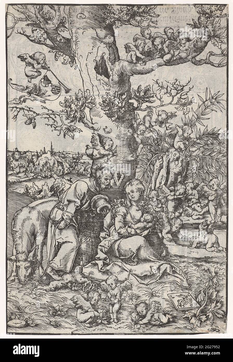 Rest on the Flight Into Egypt. Maria with Christ and Jozef rest with a tree during their flight ...