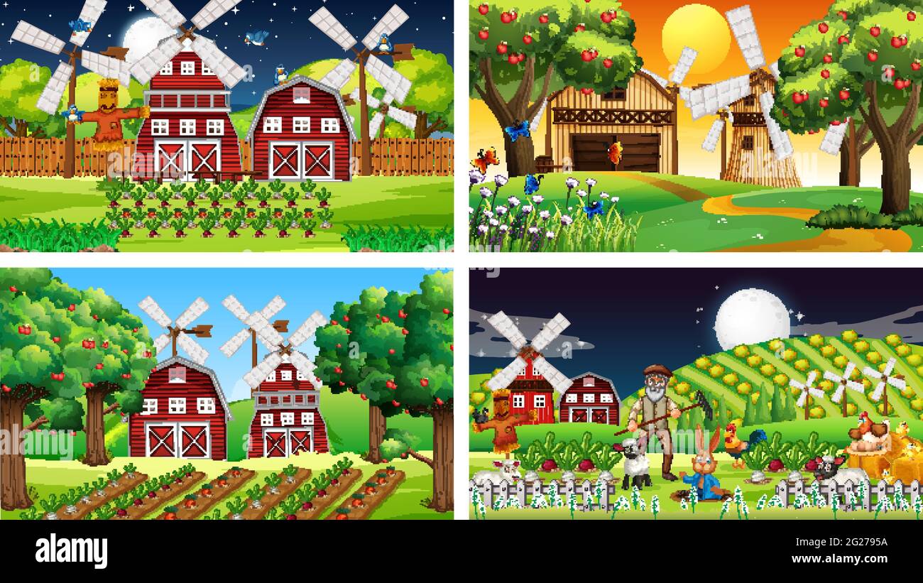 Different farm scenes with old farmer and animal cartoon character ...