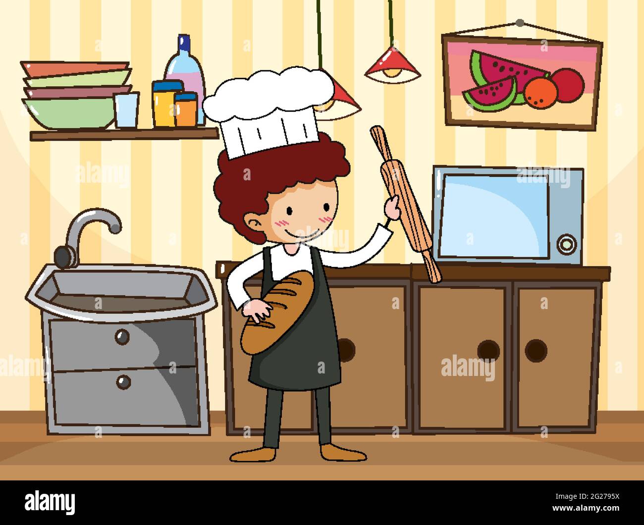 Baker man in the kitchen scene with equipments illustration Stock ...