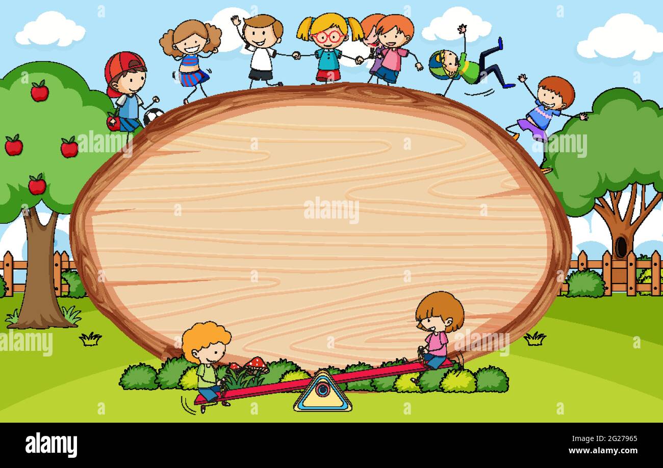 Park scene with blank wooden board in oval shape with kids doodle ...