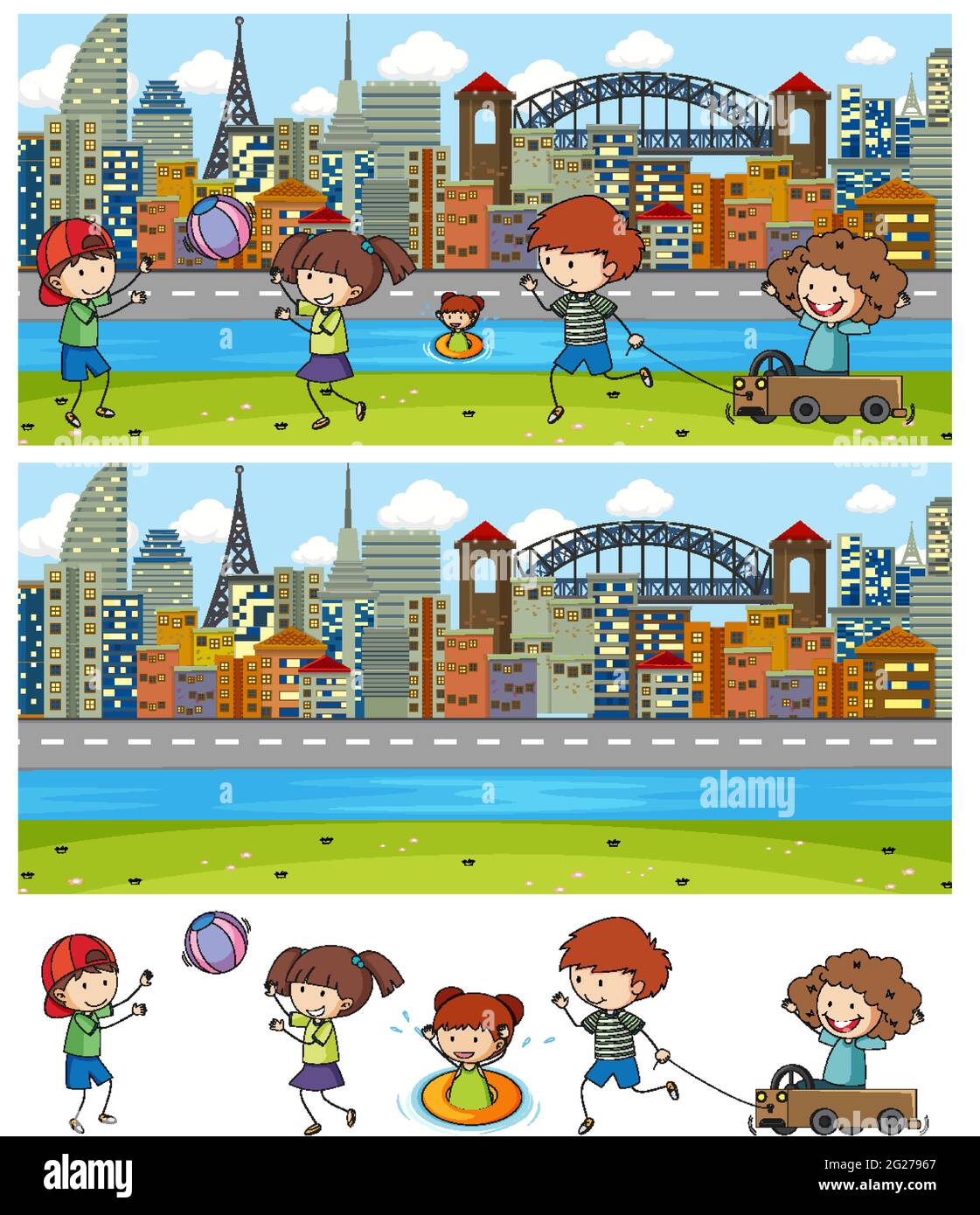 Set of different horizontal scenes background with doodle kids cartoon ...