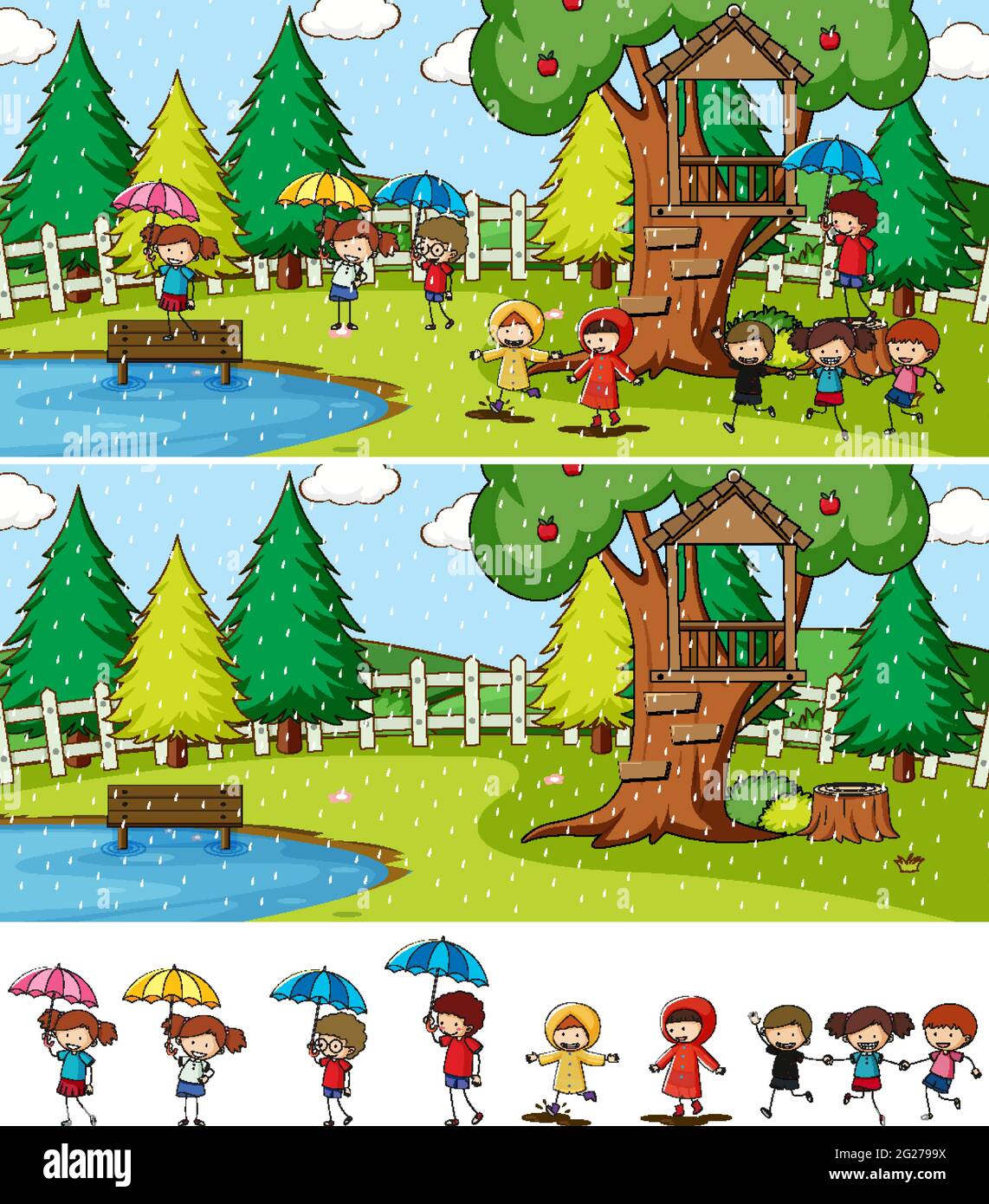 Park scene set with many kids doodle cartoon character isolated ...