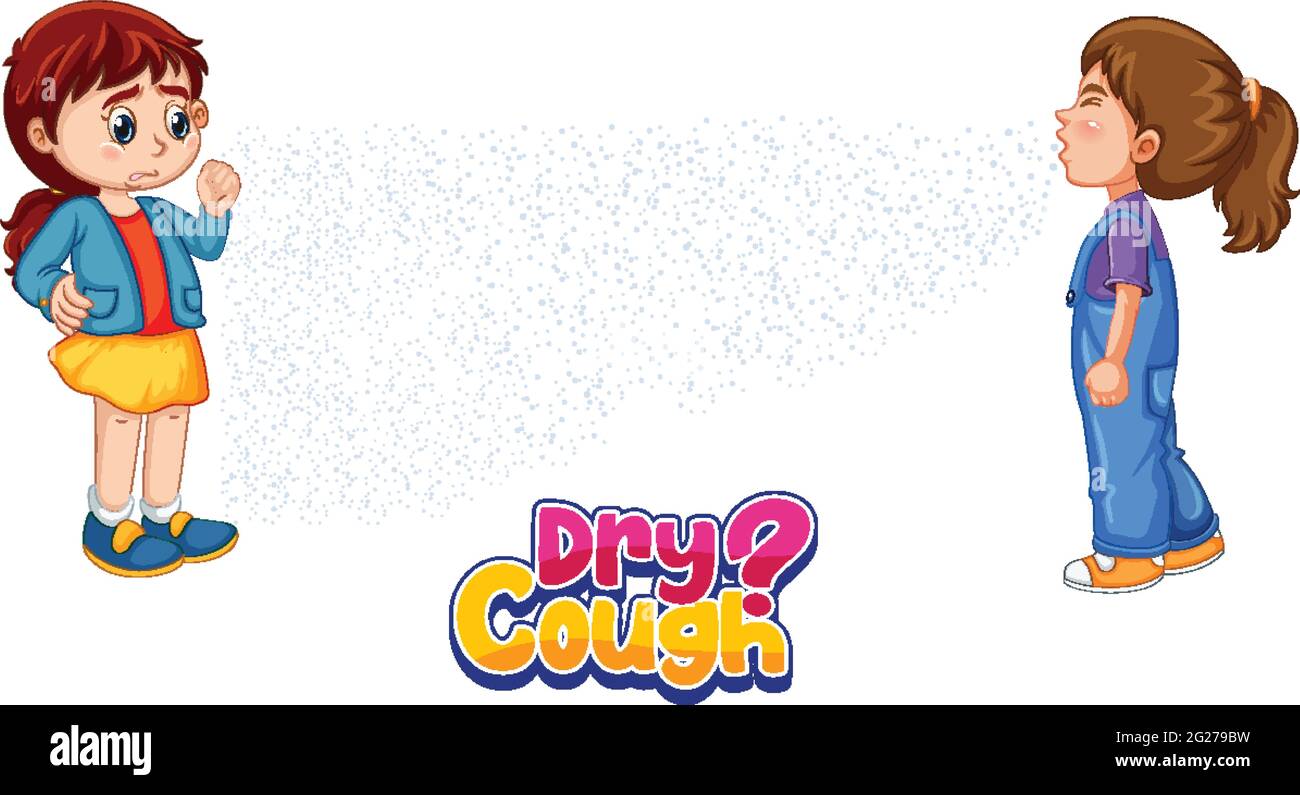 Dry Cough font in cartoon style with a girl look at her friend sneezing ...