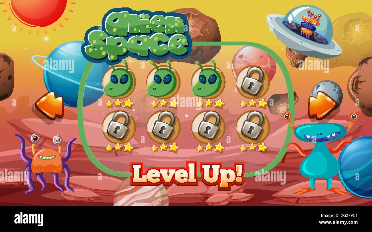 Level up screen game with alien and ufo theme template illustration ...