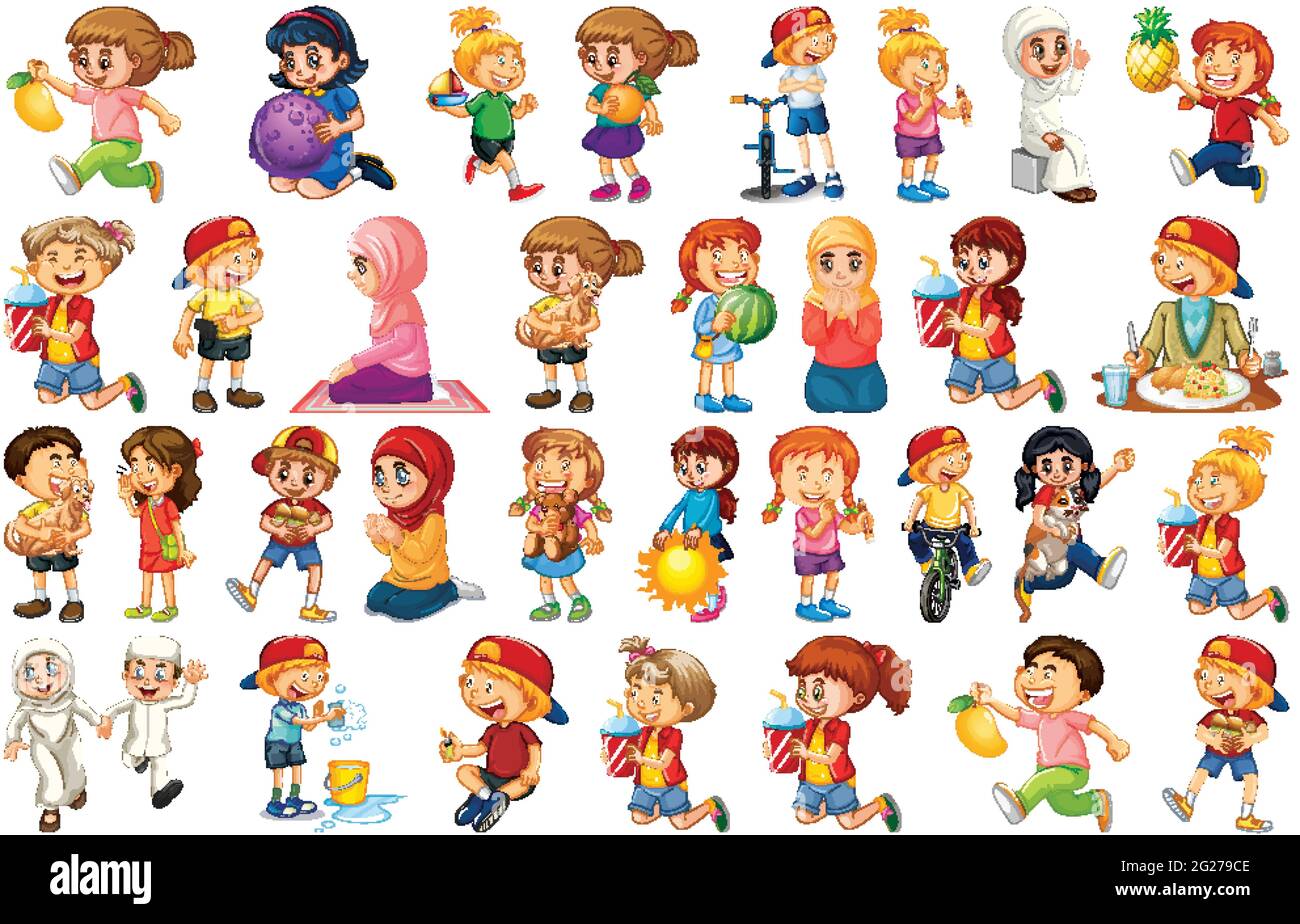 Children doing different activities cartoon character set on white ...