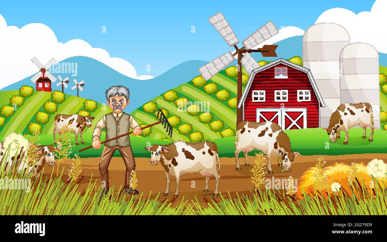 Farm at daytime scene with old farmer man and farm animals illustration ...