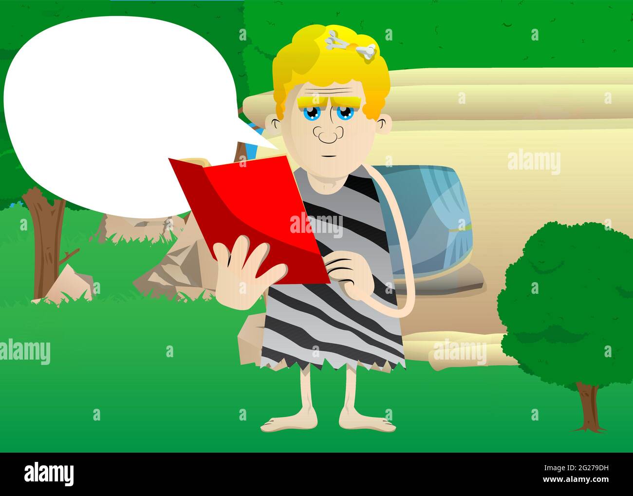 Cartoon prehistoric man reading a book, holding a journal, magazine ...