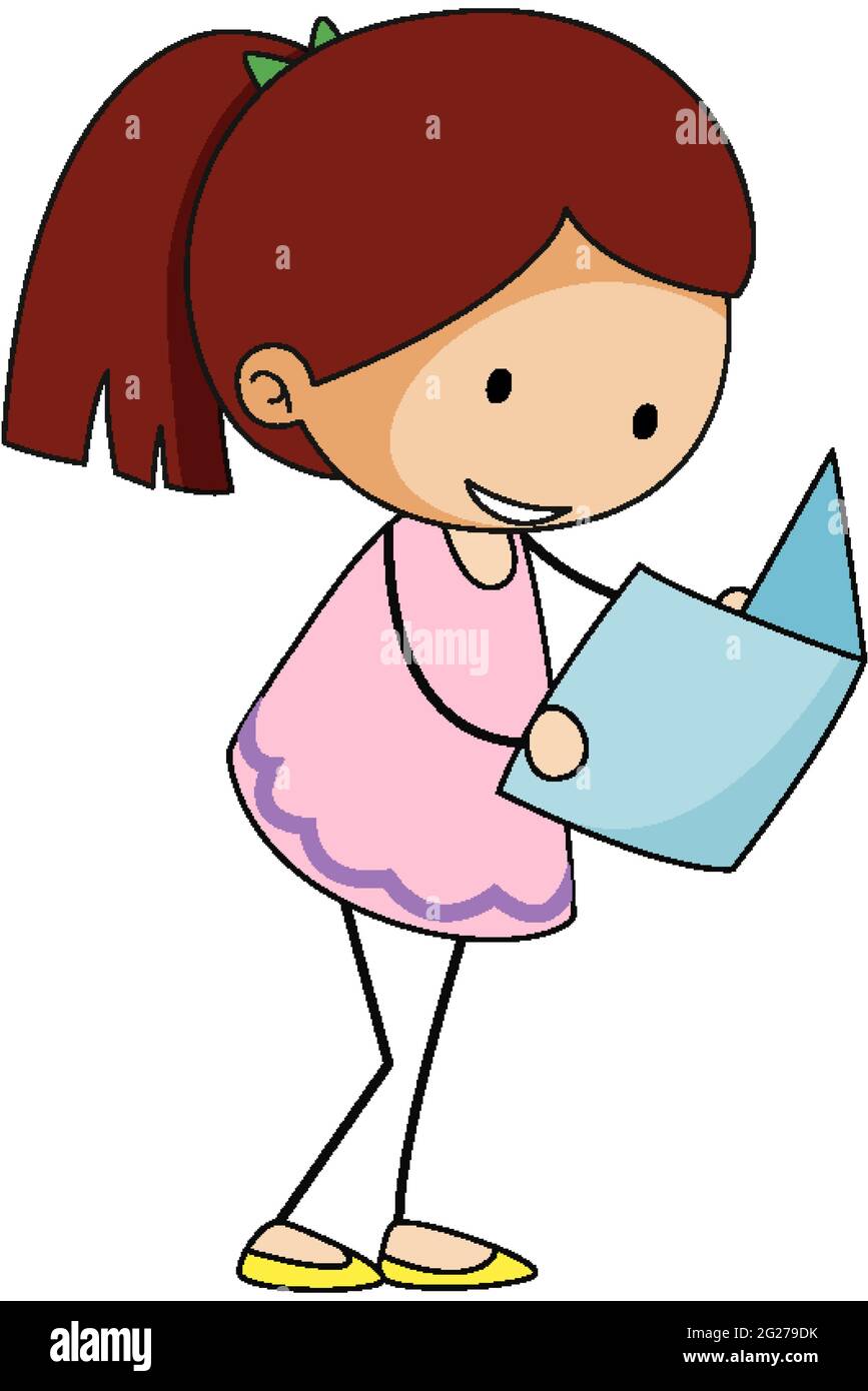Cute girl reading book doodle cartoon character illustration Stock ...