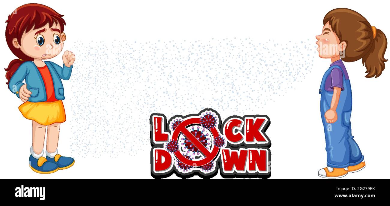 Lockdown font in cartoon style with a girl look at her friend sneezing ...
