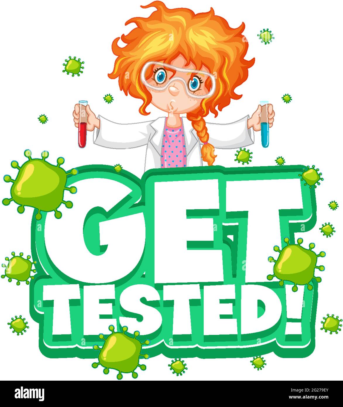 Get Tested font in cartoon style with scientist girl cartoon character ...