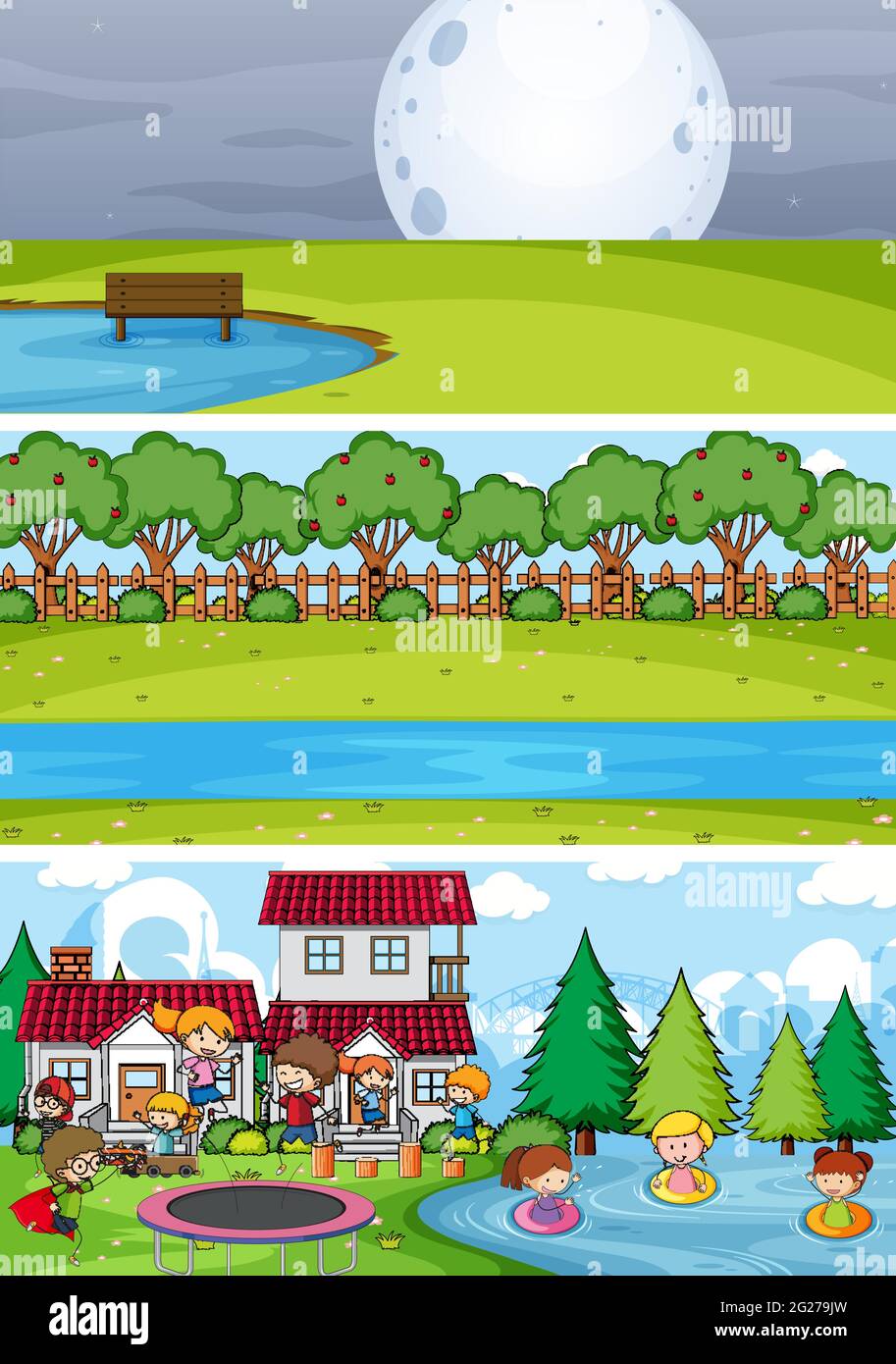 Set of different horizontal scenes background with doodle kids cartoon ...
