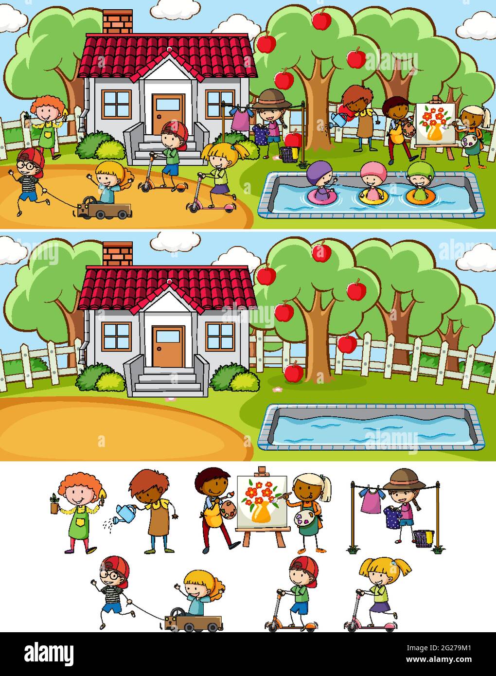Set of different horizontal scenes background with doodle kids cartoon ...