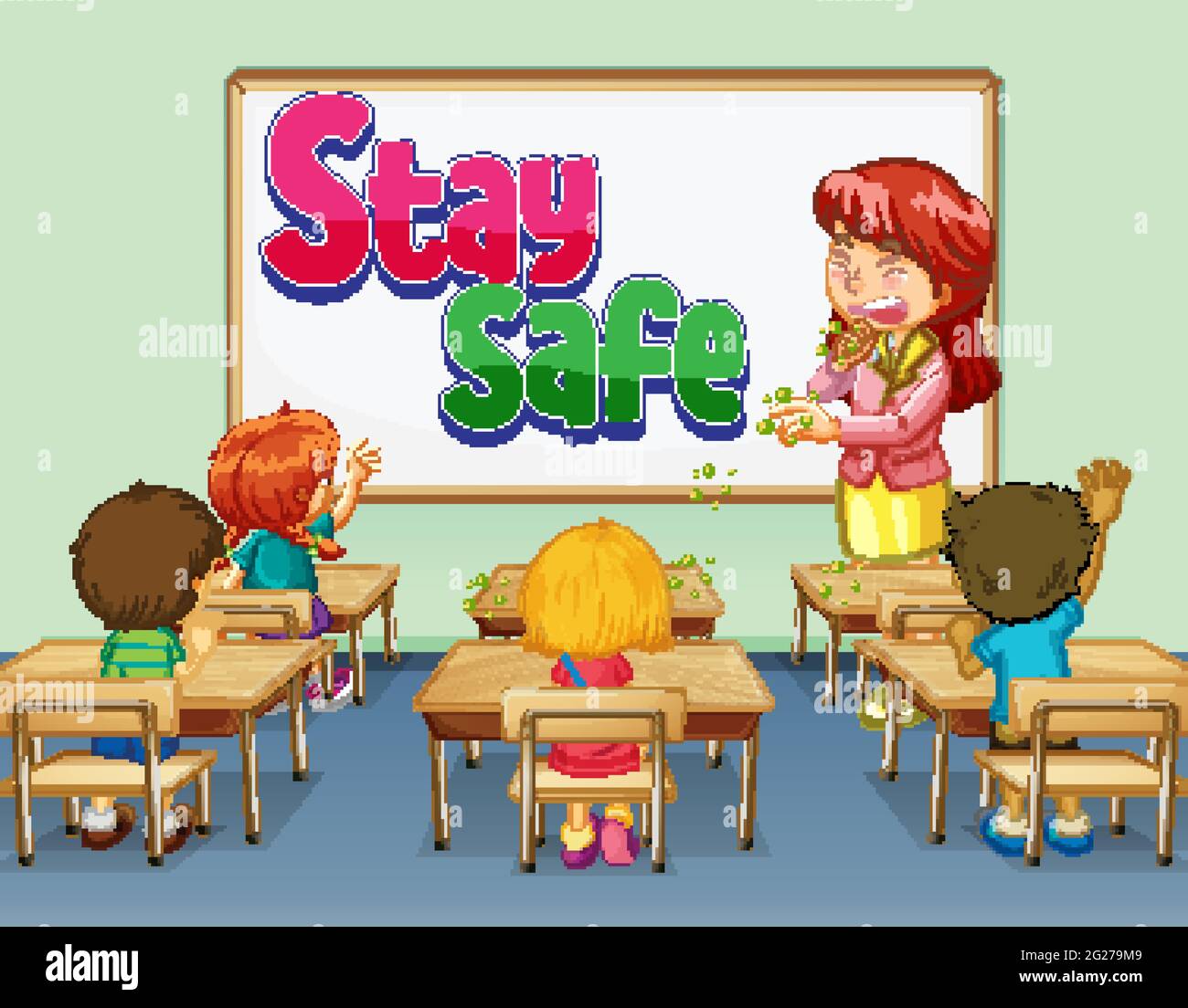 Stay Safe font design on white board in the classroom scene ...