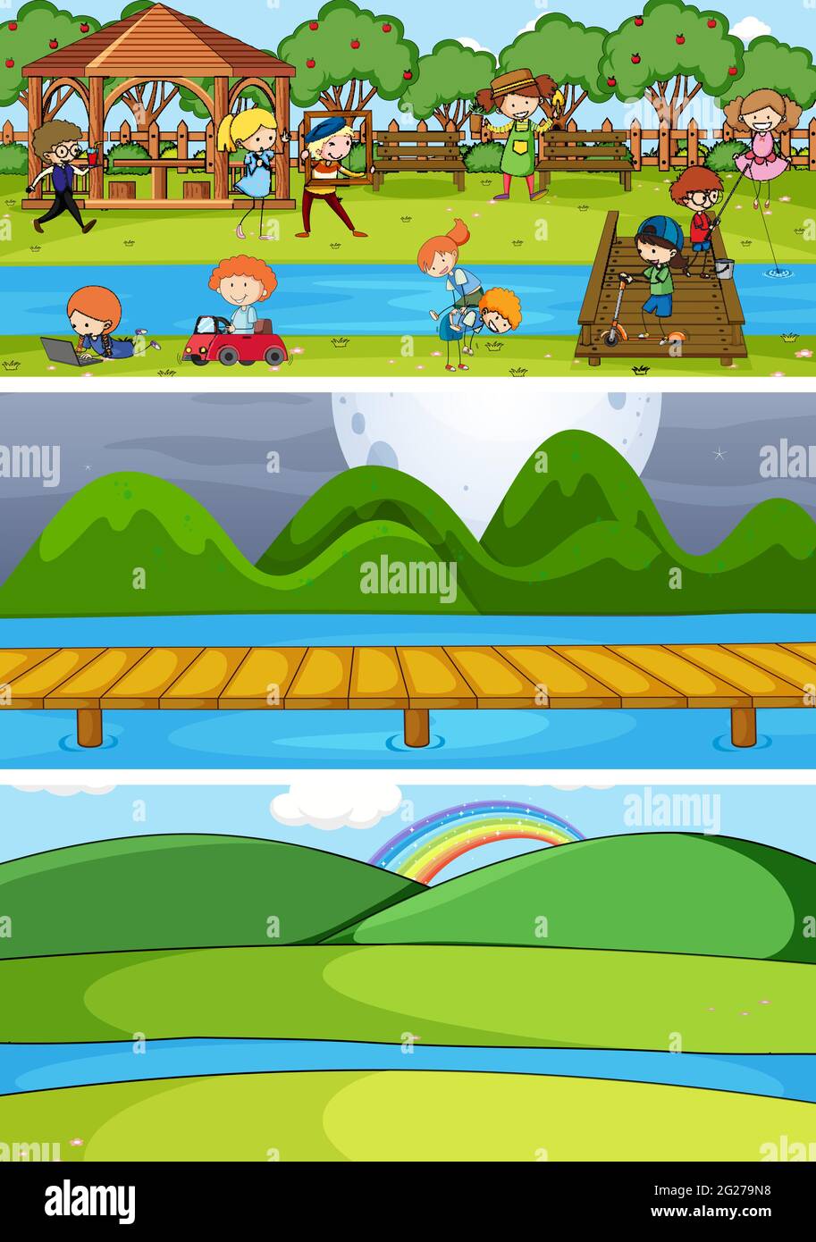Set of different horizontal scenes background with doodle kids cartoon ...