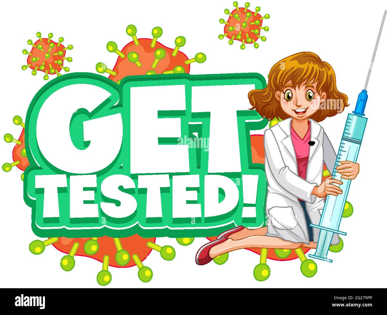 Get Tested font in cartoon style with a female doctor cartoon character ...