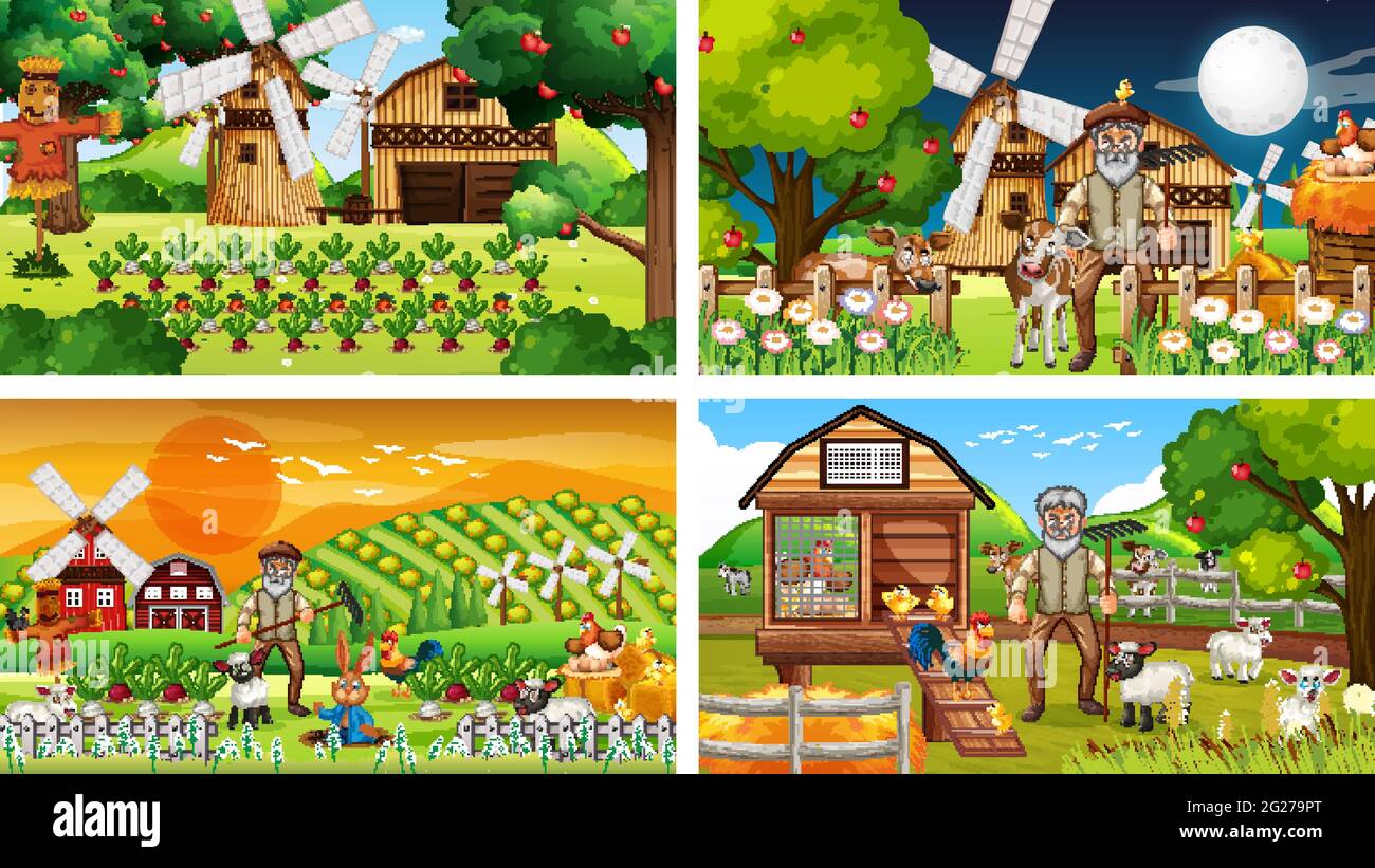 Different farm scenes with old farmer and animal cartoon character ...