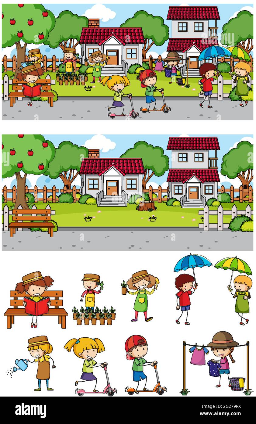Park scene set with many kids cartoon character isolated illustration ...