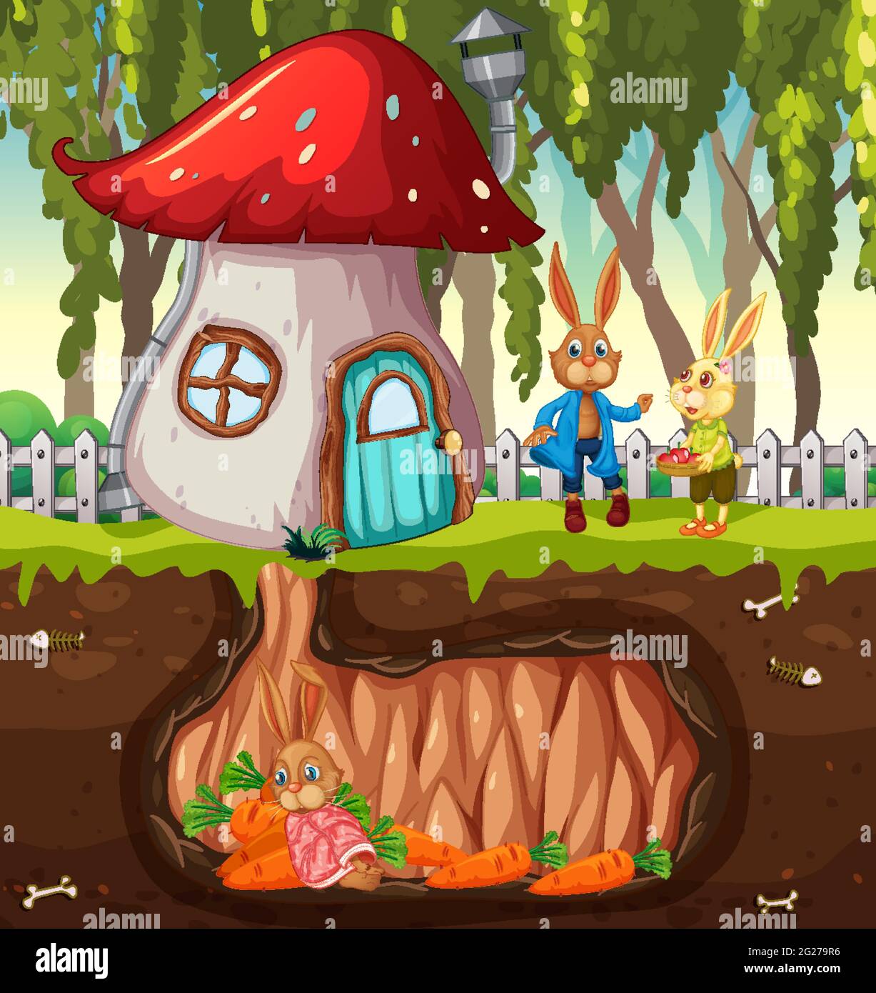 Underground rabbit hole with ground surface of the garden scene ...