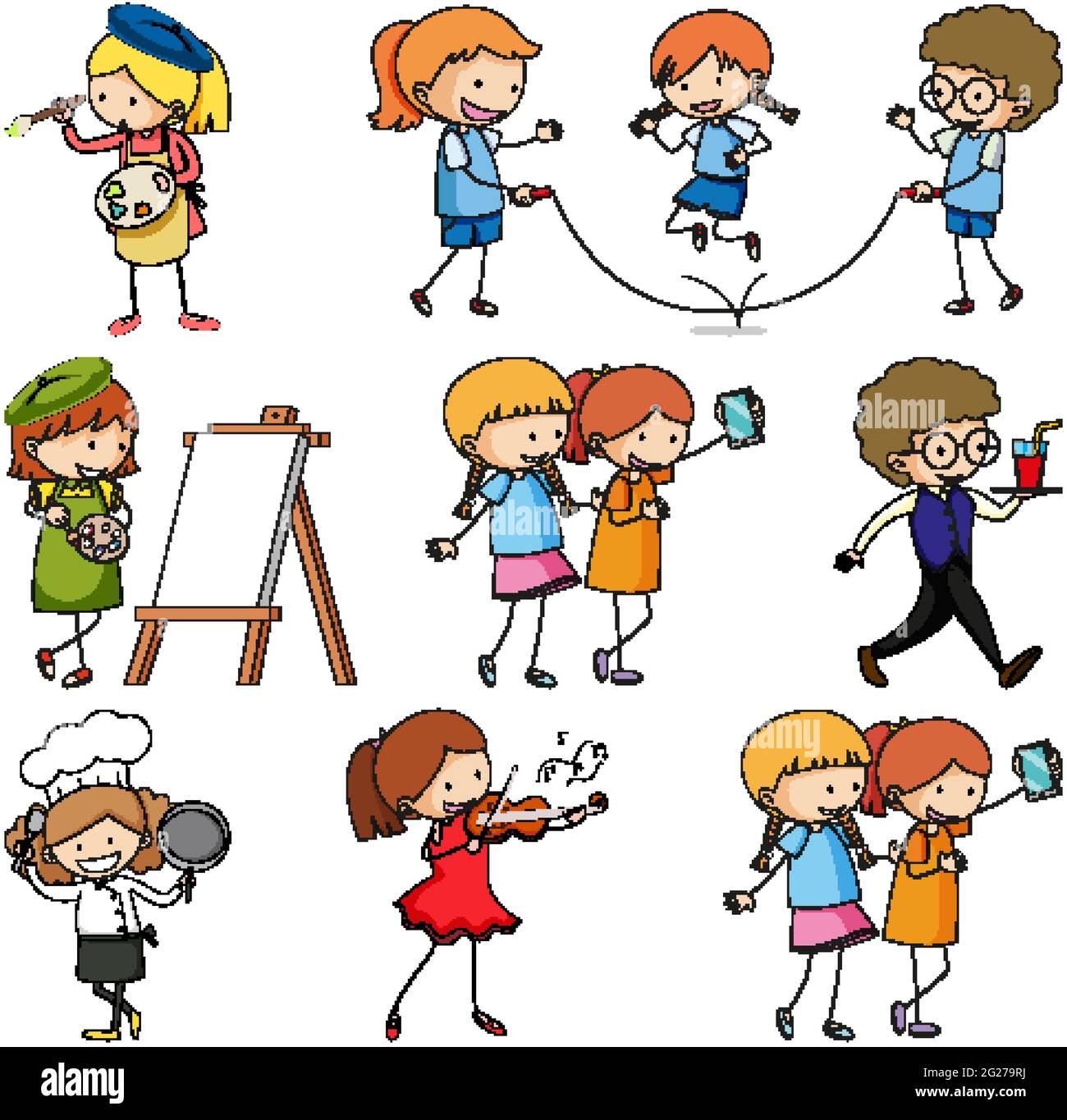 Set of different doodle kids cartoon character illustration Stock ...