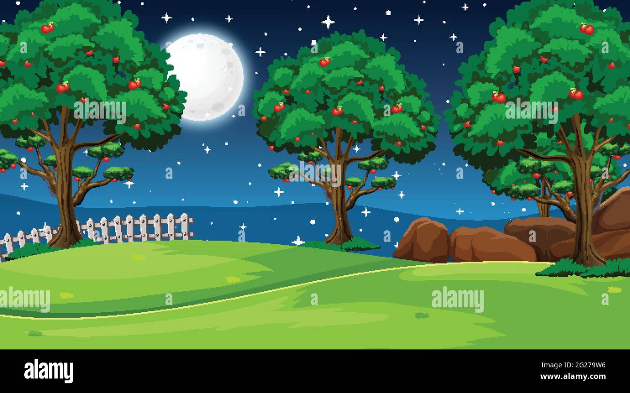 Blank nature park landscape scene at night time illustration Stock ...
