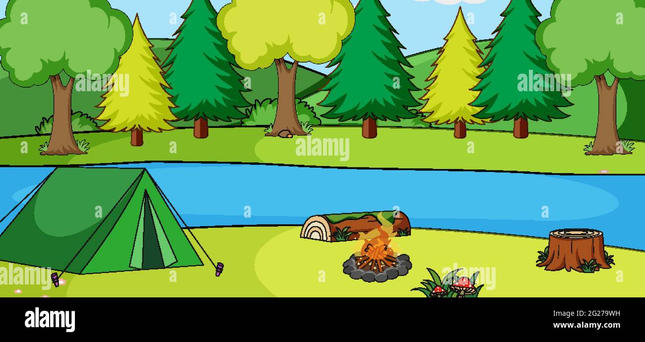 Forest outdoor scene with a camping tent along the river illustration ...