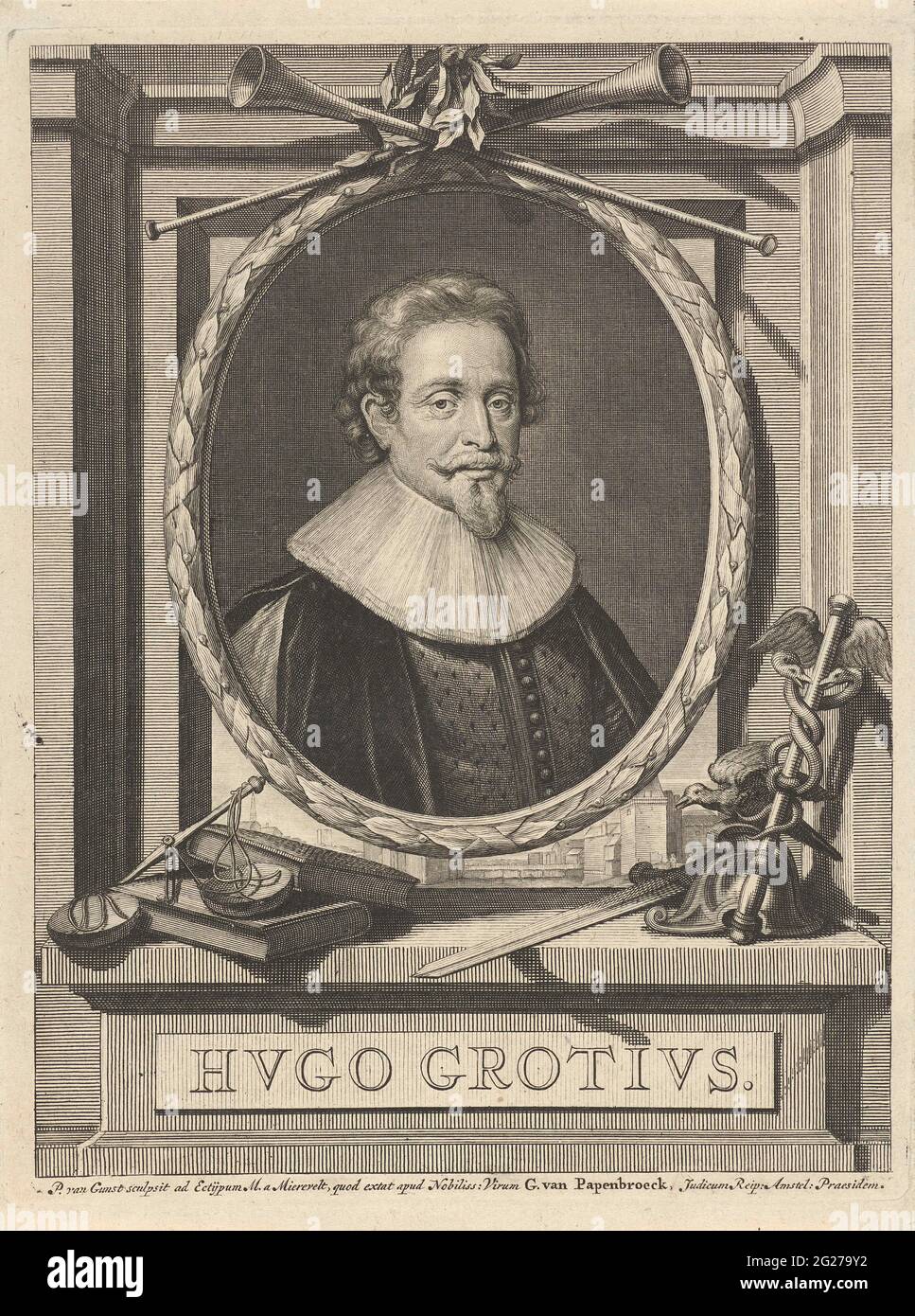 Portrait of Hugo de Groot. Hugo de Groot, Dutch scholar. Two praise ...