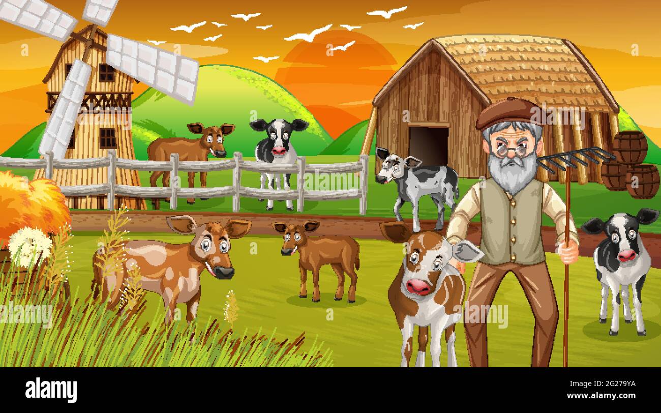 Cartoon Sunset On Farm