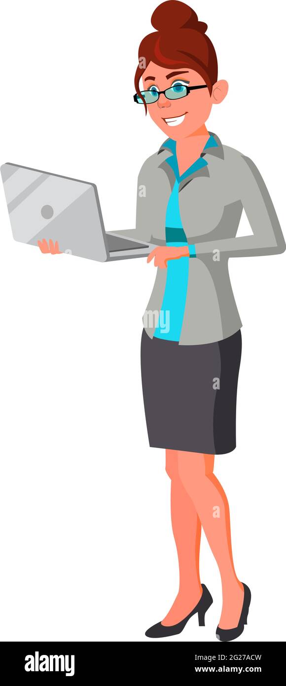 beautiful woman holding laptop and reading report cartoon vector Stock ...