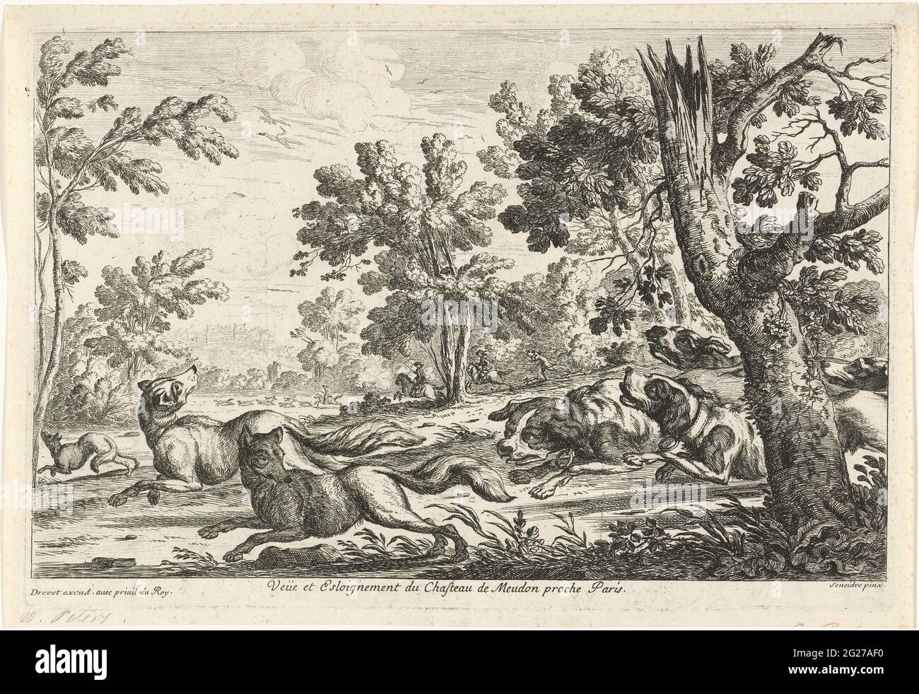 Fox Hunt. Landscape with a fox hunt. On the left in the background a ...
