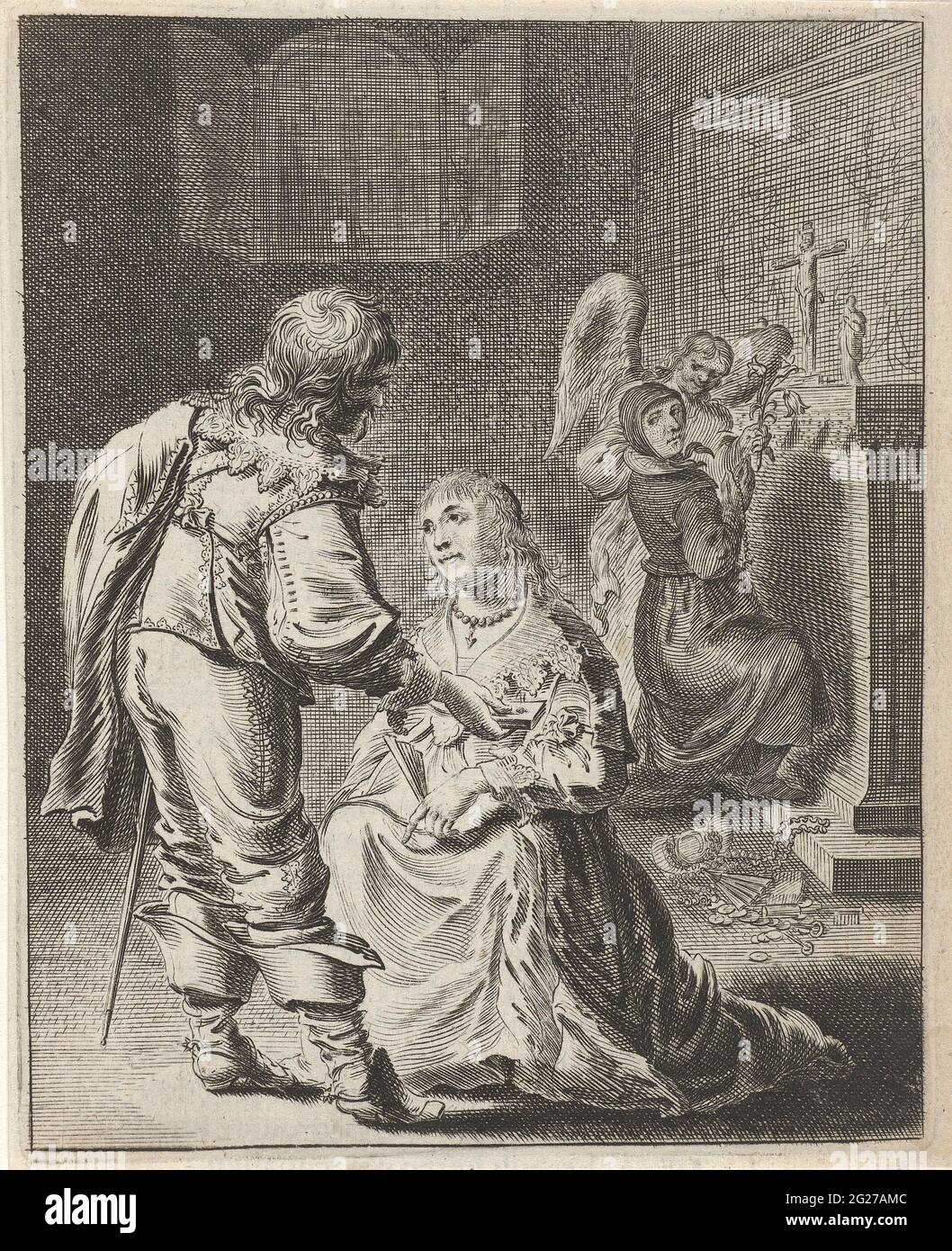 Cleanliness and vanity. A young woman kneels for a richly dressed man ...