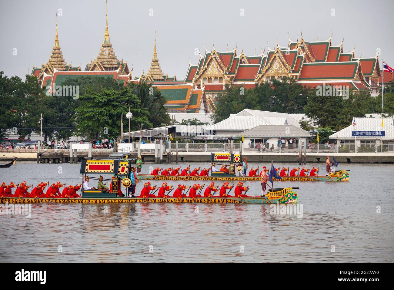 View of the Royal Barge procession on the Chao Phraya river against the ...