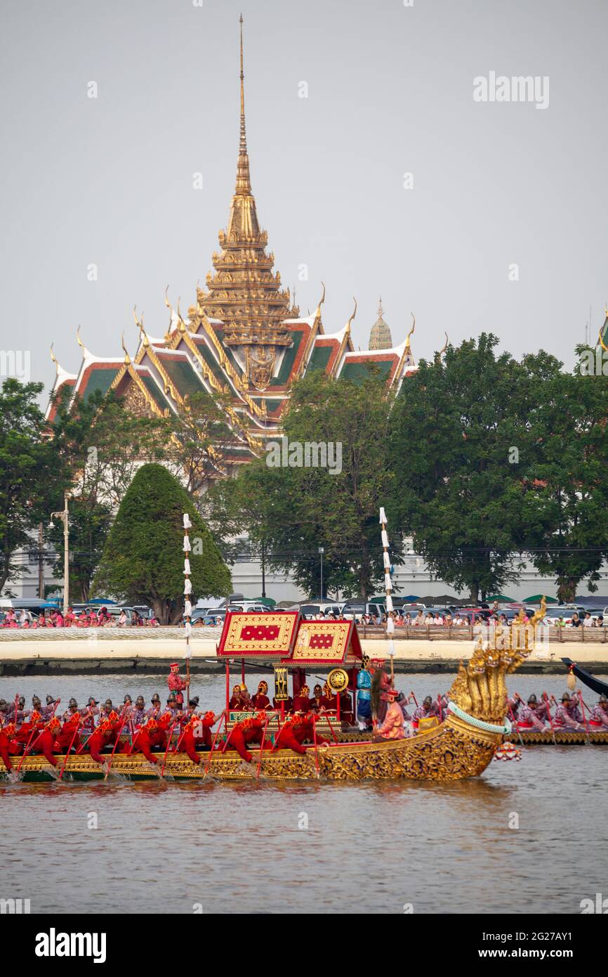 View of the Royal Barge procession on the Chao Phraya river against the ...