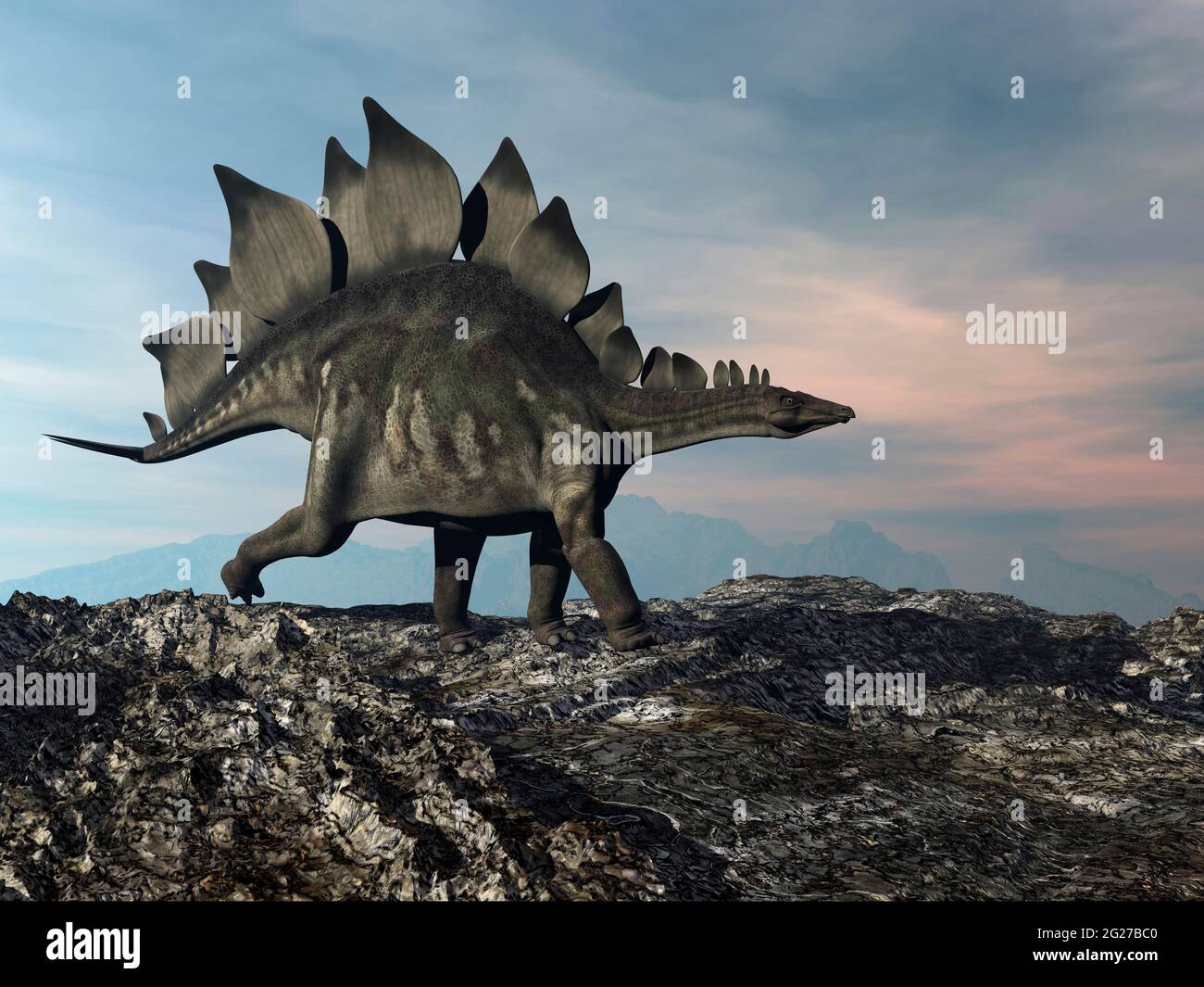 Stegosaurus walking on a hill by sunset Stock Photo - Alamy